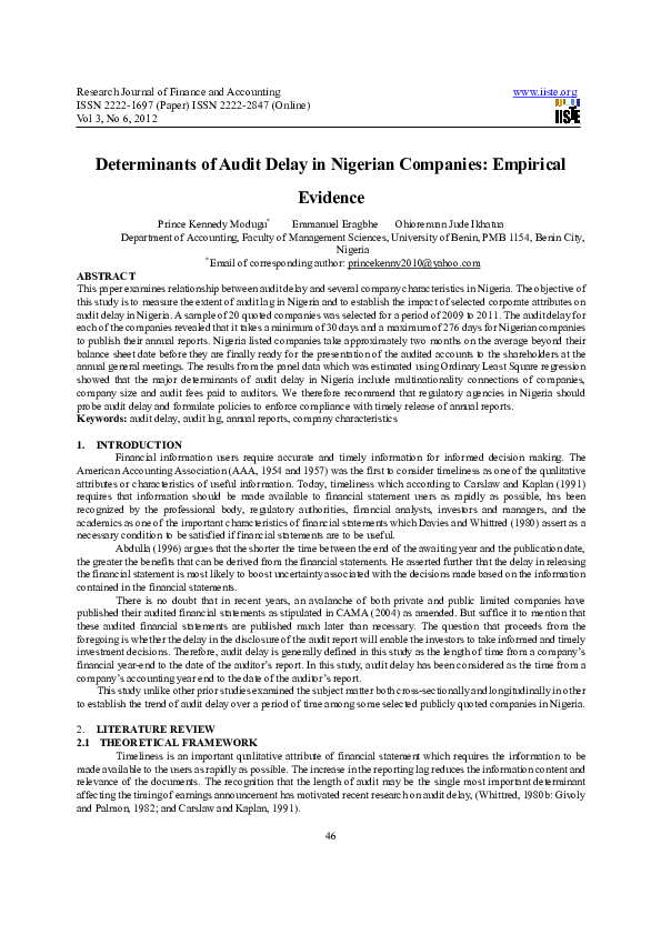 (PDF) Determinants of Audit Delay in Nigerian Companies: Empirical Evidence (PDF) Determinants of Audit Delay in Nigerian Companies: Empirical Evidence