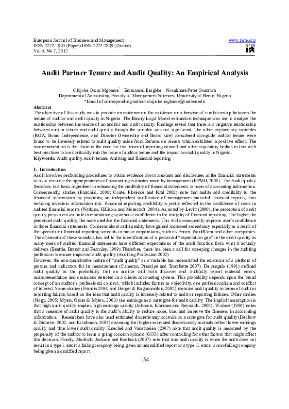 (PDF) Audit Partner Tenure and Audit Quality: An Empirical Analysis