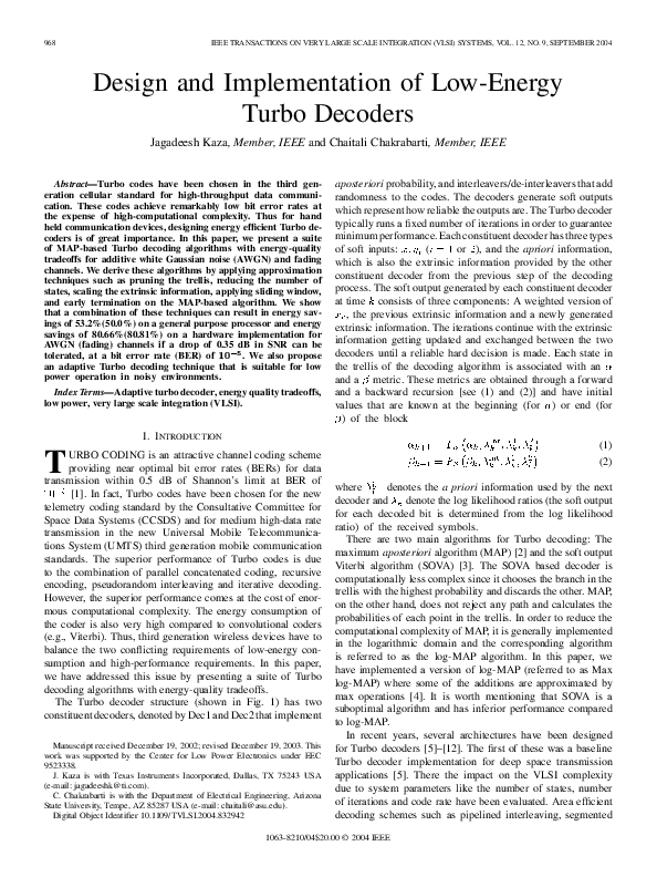(PDF) Design and implementation of low-energy turbo decoders