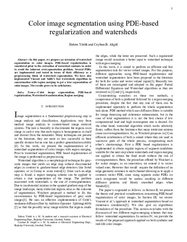 (PDF) Color image segmentation using PDE-based regularization and watershed transformation