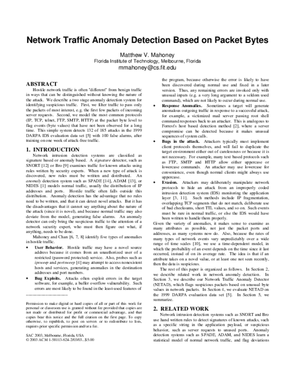 Pdf Network Traffic Anomaly Detection Based On Packet Bytes