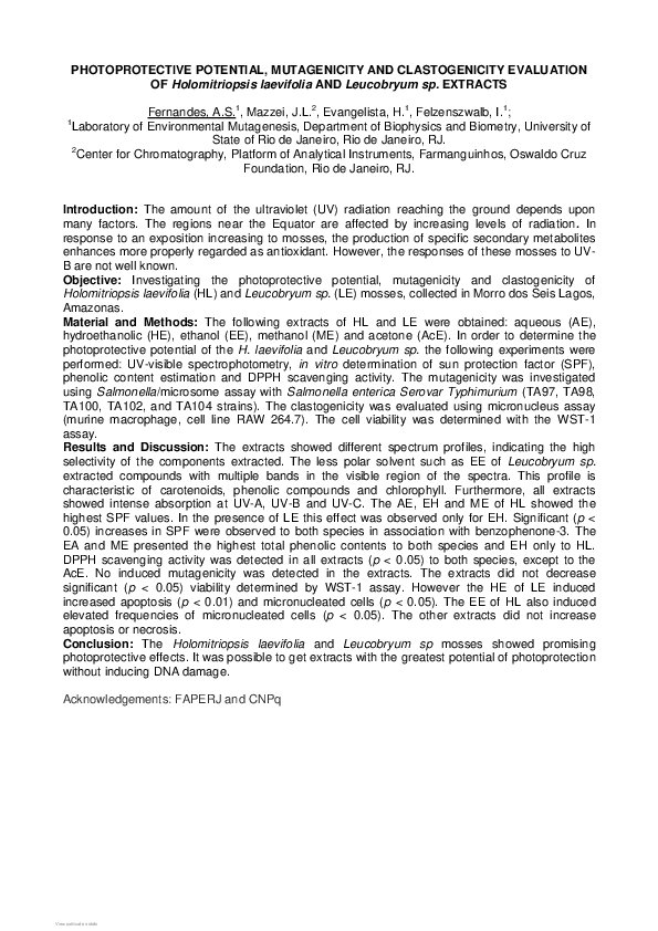 (PDF) PHOTOPROTECTIVE POTENTIAL, MUTAGENICITY AND CLASTOGENICITY ...