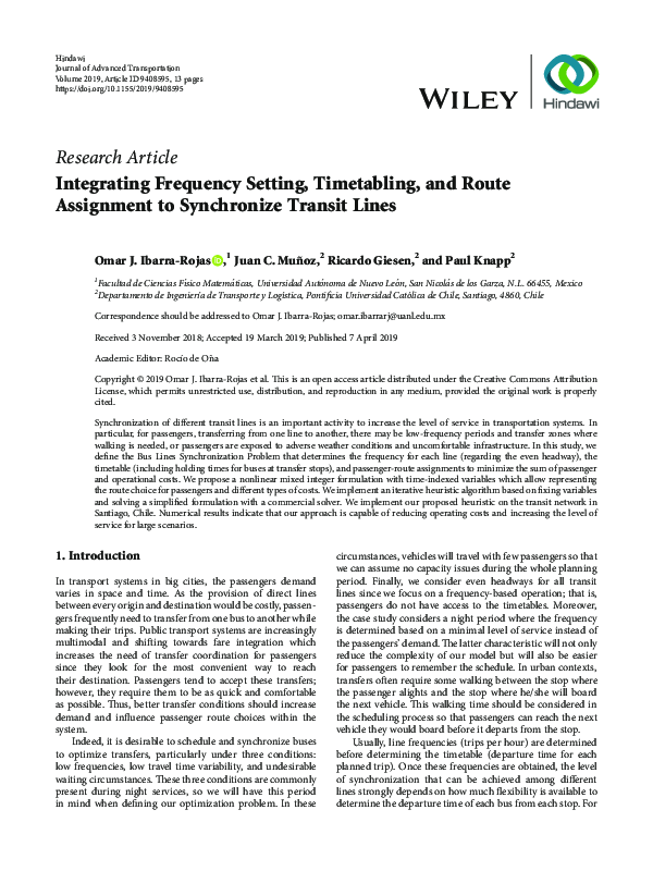 Pdf Integrating Frequency Setting Timetabling And Route Assignment To Synchronize Transit Lines