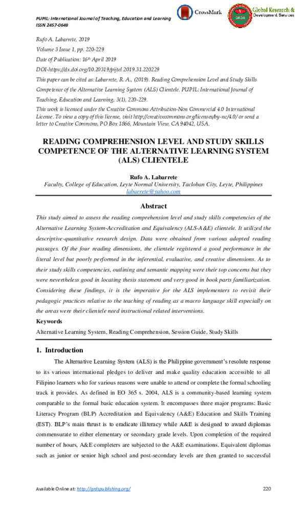 (PDF) Reading Comprehension Level and Study Skills Competence of the ...