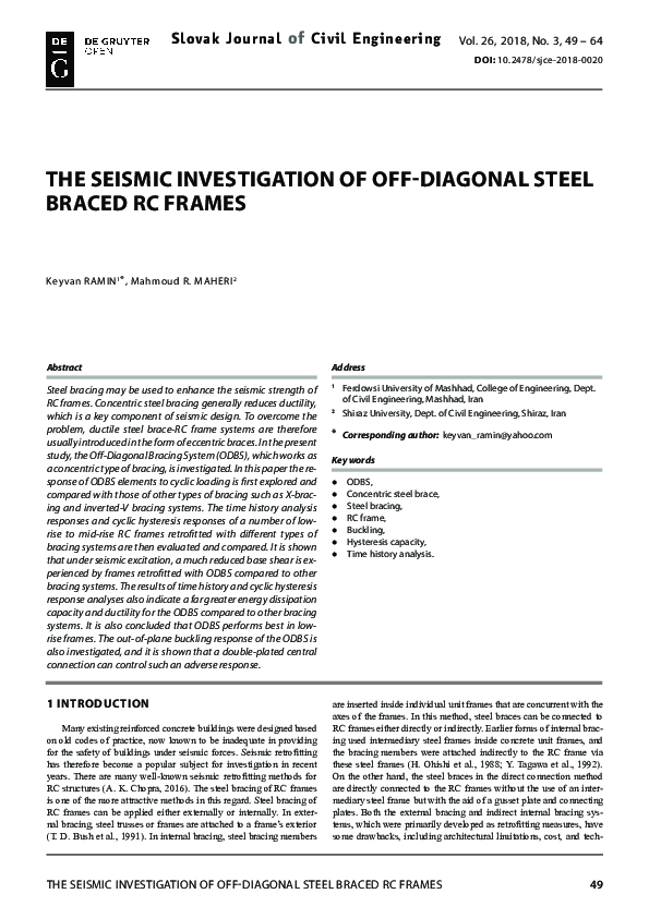 Pdf The Seismic Investigation Of Off Diagonal Steel Braced Rc Frames