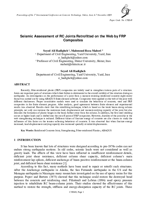 Pdf Seismic Assessment Of Rc Joints Retrofitted On The Web By Frp Composites