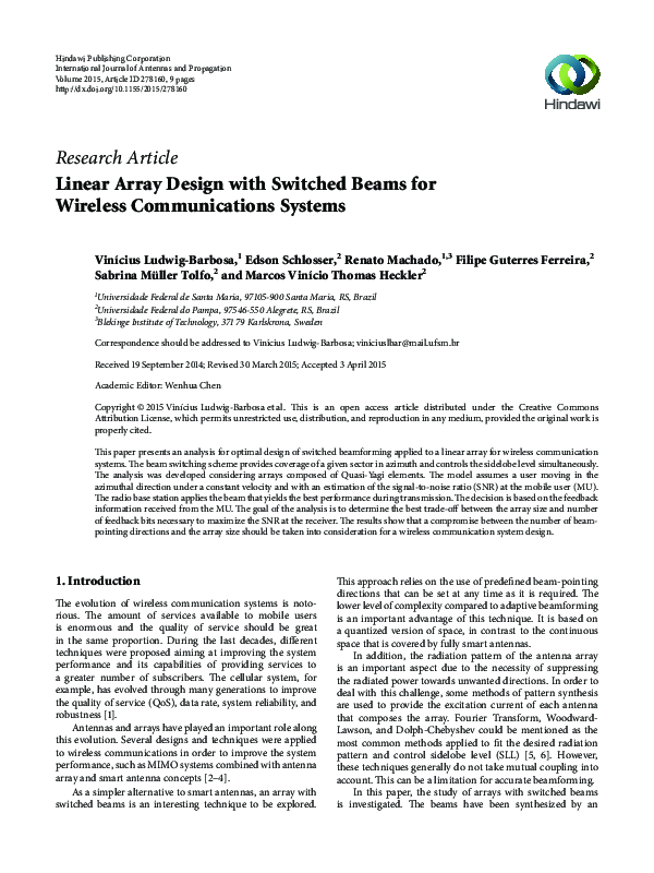 Pdf Linear Array Design With Switched Beams For Wireless