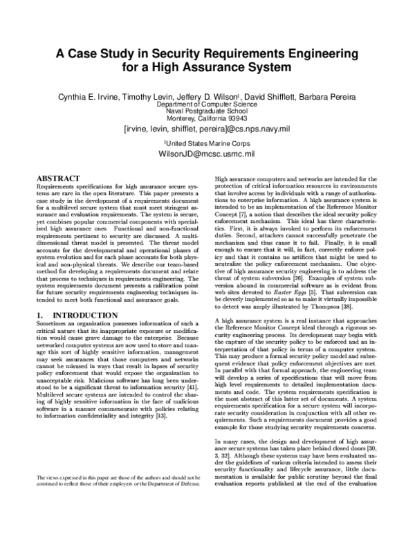 (PDF) Case Study in Security Requirements Engineering for a High ...