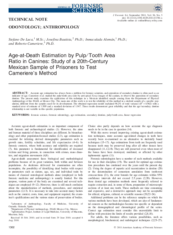(PDF) Age‐at‐Death Estimation by Pulp/Tooth Area Ratio in Canines ...