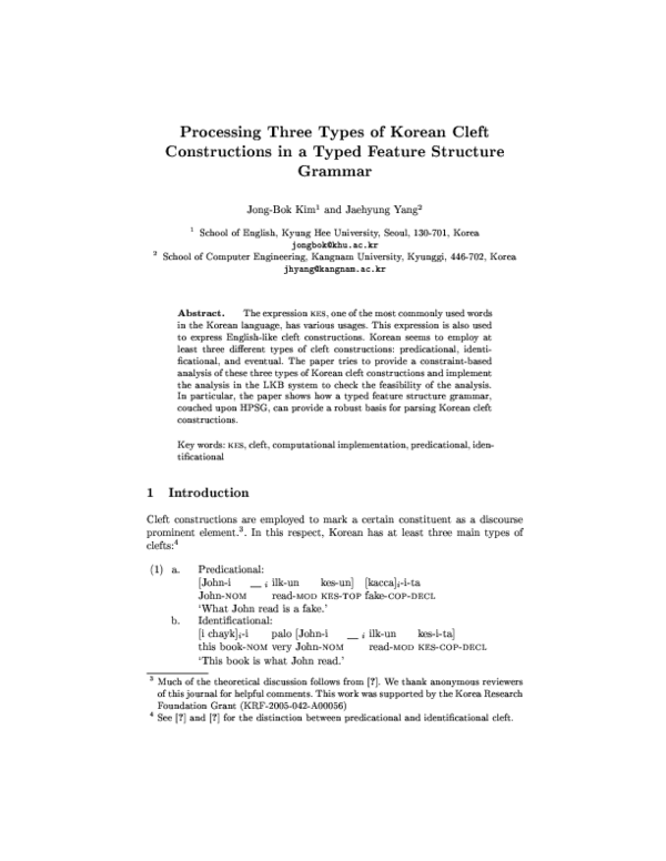 Pdf Processing Three Types Of Korean Cleft Constructions In A Typed Feature Structure Grammar