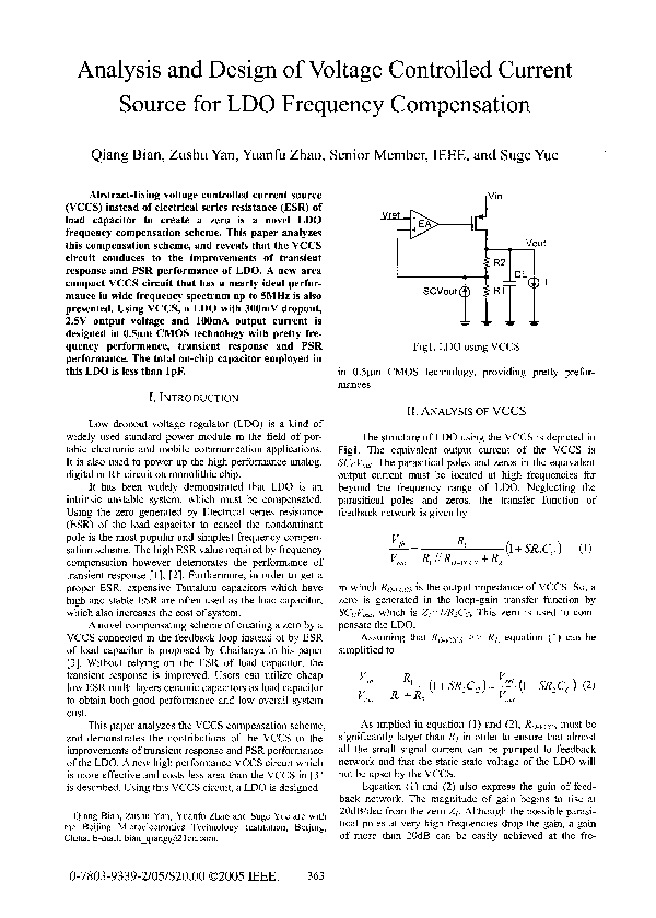 (PDF) Analysis and Design of Voltage Controlled Current Source for LDO Frequency Compensation
