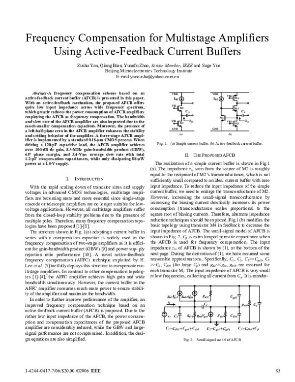 (PDF) Freqency Compensation for Multistage Amplifiers using Active-Feedback Current Buffers