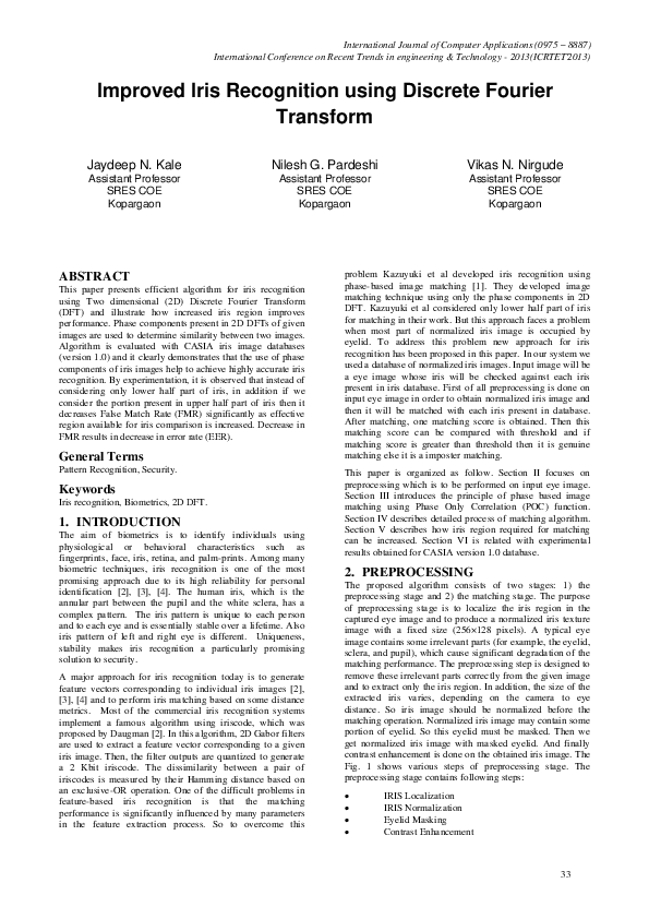 (PDF) Improved Iris Recognition using Discrete Fourier Transform | jaydeep kale - Academia.edu