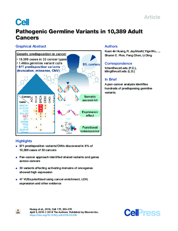(PDF) Pathogenic Germline Variants in 10,389 Adult Cancers