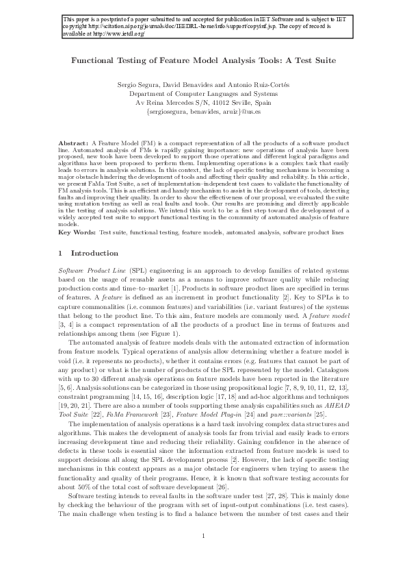 (PDF) Functional testing of feature model analysis tools: a test suite