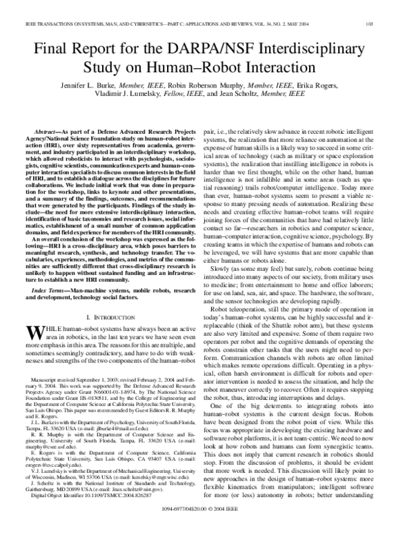 (PDF) Final Report for the DARPA/NSF Interdisciplinary Study on Human–Robot Interaction