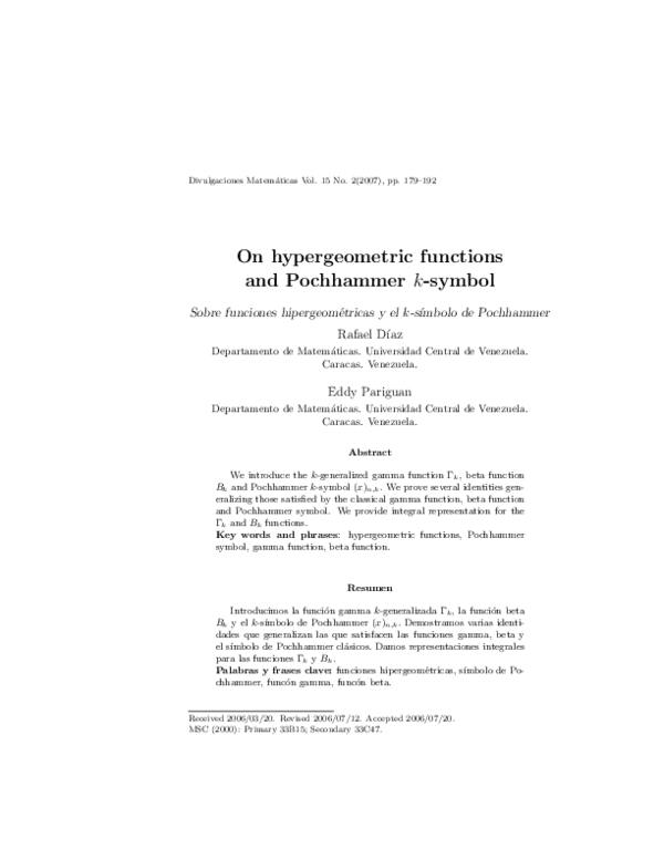 (PDF) On hypergeometric functions and Pochhammer k-symbol