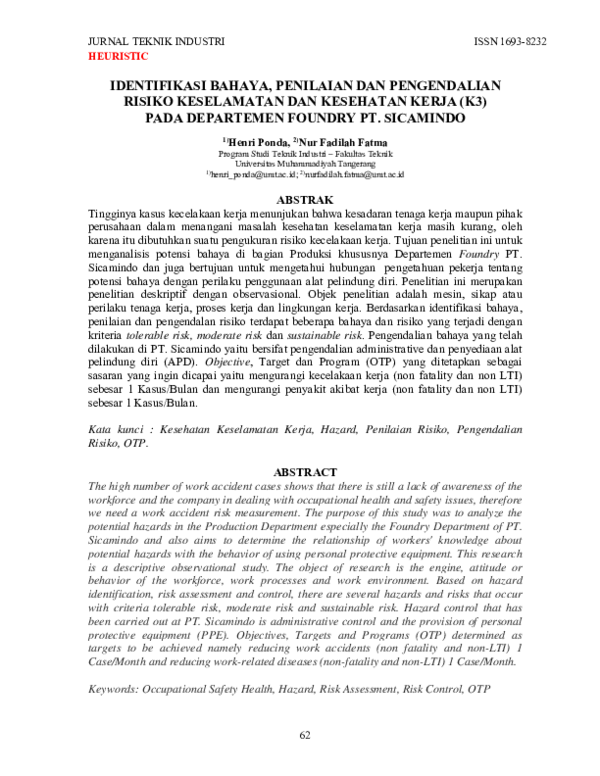 (PDF) Identifikasi Bahaya, Penilaian Dan Pengendalian Risiko Keselamatan Dan Kesehatan Kerja (K3 ...