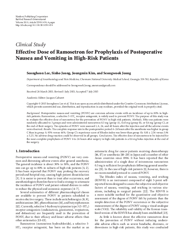 (PDF) Effective Dose of Ramosetron for Prophylaxis of Postoperative ...