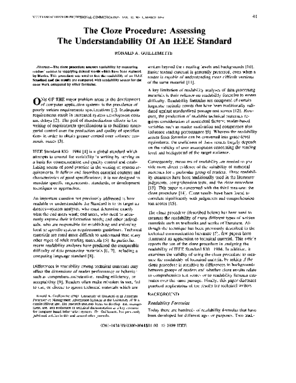 (PDF) The cloze procedure: assessing the understandability of an IEEE standard