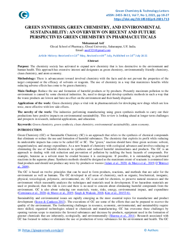 (PDF) GREEN SYNTHESIS, GREEN CHEMISTRY, AND ENVIRONMENTAL ...