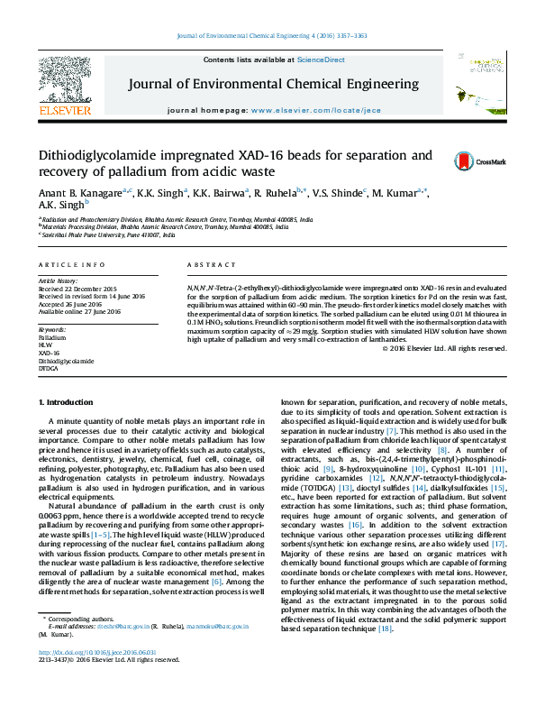 (PDF) Dithiodiglycolamide impregnated XAD-16 beads for separation and ...