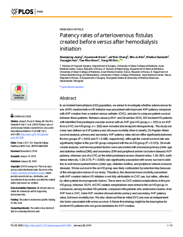 (PDF) Patency rates of arteriovenous fistulas created before versus ...