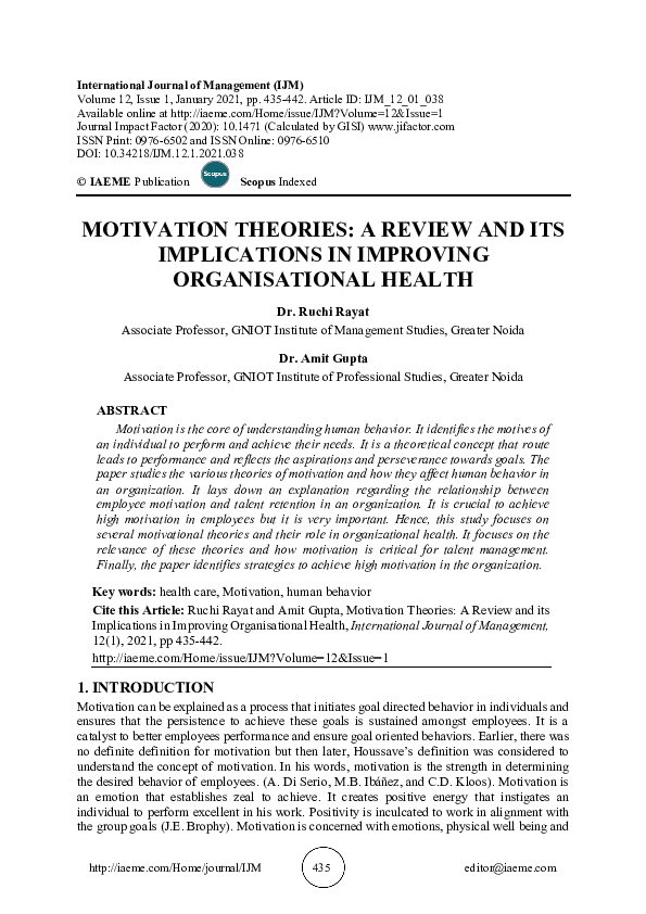 (PDF) MOTIVATION THEORIES: A REVIEW AND ITS IMPLICATIONS IN IMPROVING ...