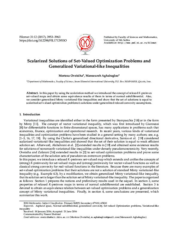 (PDF) Scalarized solutions of set-valued optimization problems and generalized variational-like ...