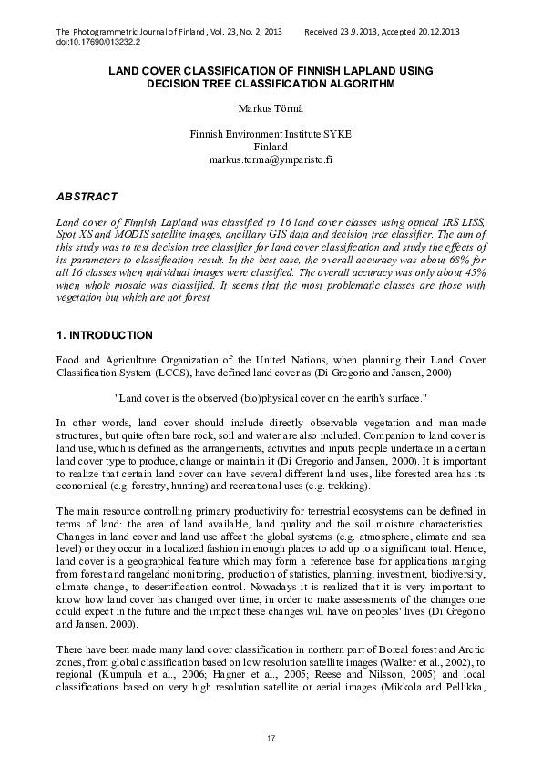 (PDF) Land cover classification of Finnish Lapland using decision tree classification algorithm