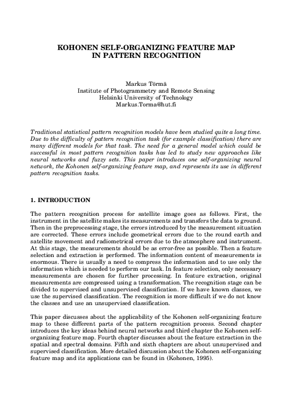 Pdf Kohonen Self Organizing Feature Map In Pattern Recognition 