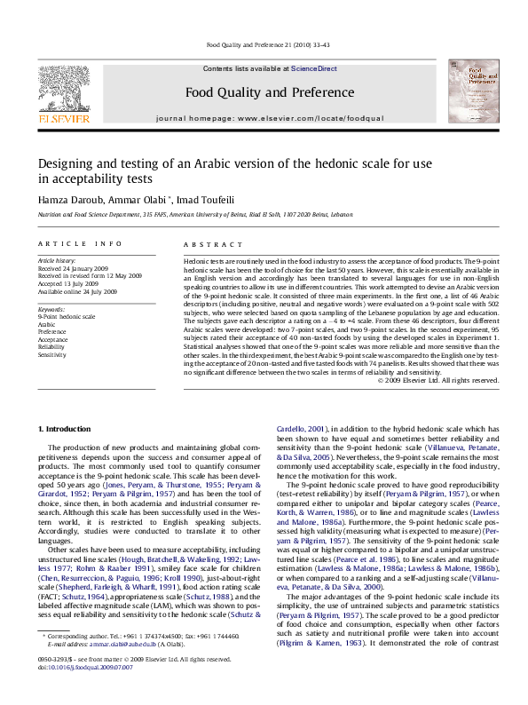 (PDF) Designing and testing of an Arabic version of the hedonic scale ...