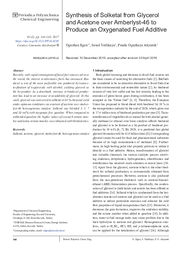 (PDF) Synthesis of Solketal from Glycerol and Acetone over Amberlyst-46 ...