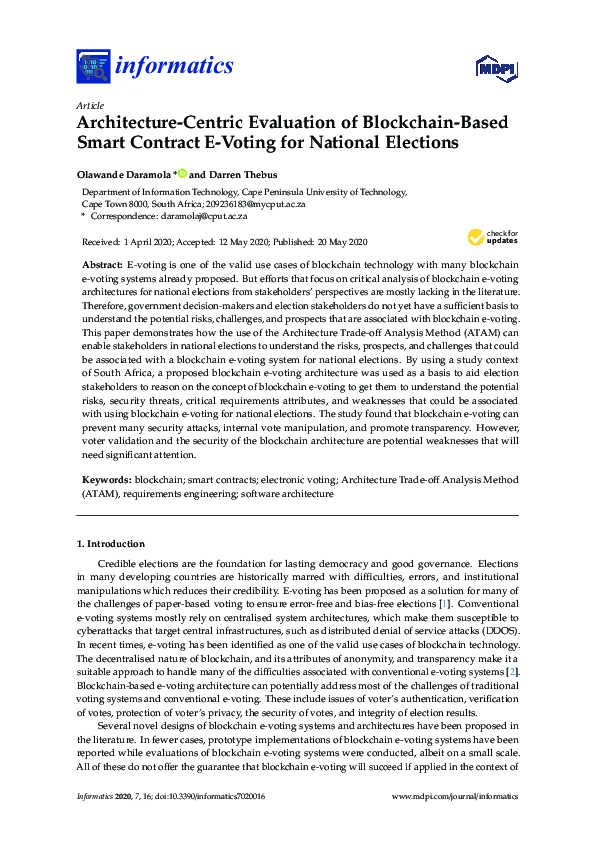 Pdf Architecture Centric Evaluation Of Blockchain Based Smart Contract E Voting For National