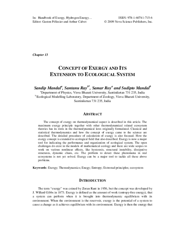 (PDF) Concept of exergy and its extension to ecological system