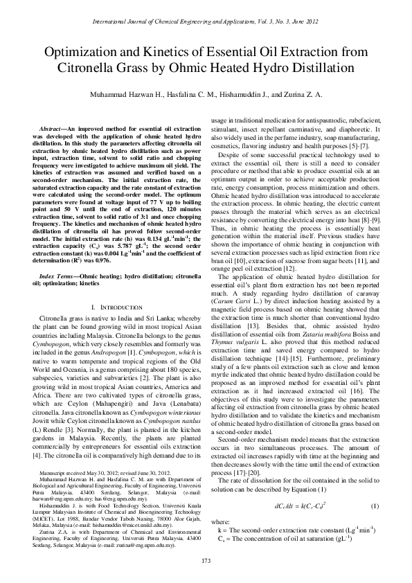 (PDF) Optimization and Kinetics of Essential Oil Extraction from ...