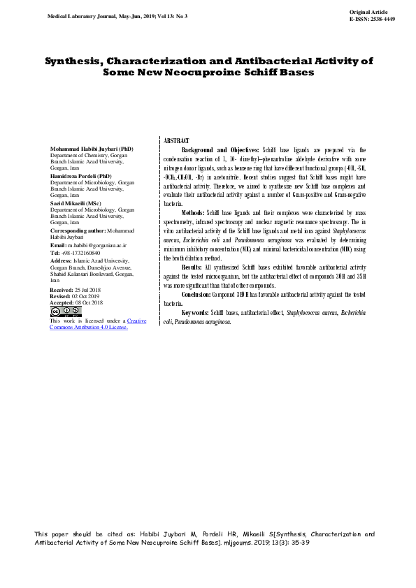 (PDF) Synthesis, Characterization and Antibacterial Activity of Some New Neocuproine Schiff Bases