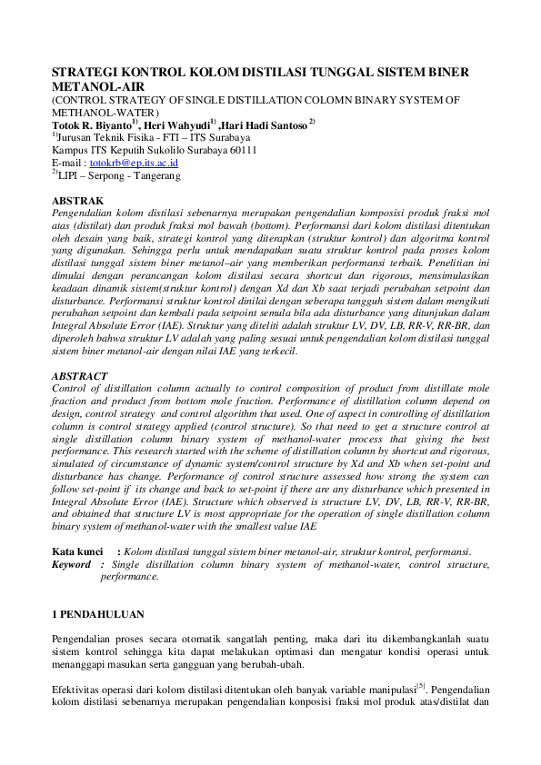 (PDF) Strategi Kontrol Kolom Distilasi Tunggal Sistem Biner Metanol-Air ...