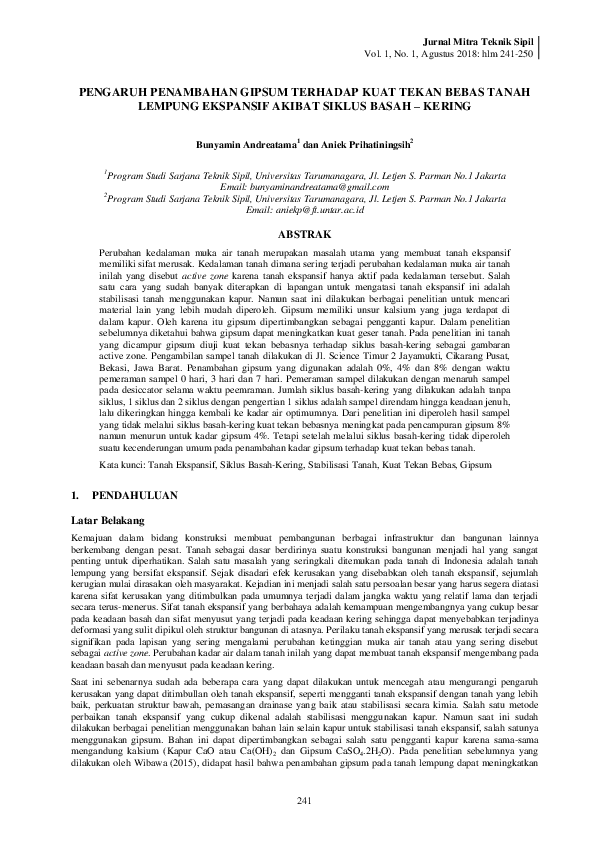 (PDF) Pengaruh Penambahan Gipsum Terhadap Kuat Tekan Bebas Tanah Lempung Ekspansif Akibat Siklus ...