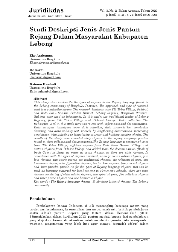 (PDF) Studi Deskripsi Jenis-Jenis Pantun Rejang Dalam Masyarakat ...
