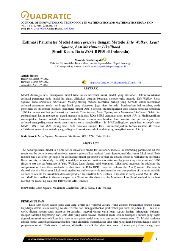 (PDF) Estimasi Parameter Model Autoregressive dengan Metode Yule Walker, Least Square, dan ...