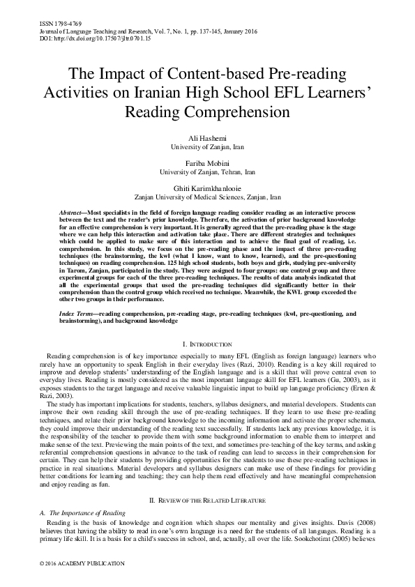 Pdf The Impact Of Content Based Pre Reading Activities On Iranian High School Efl Learners