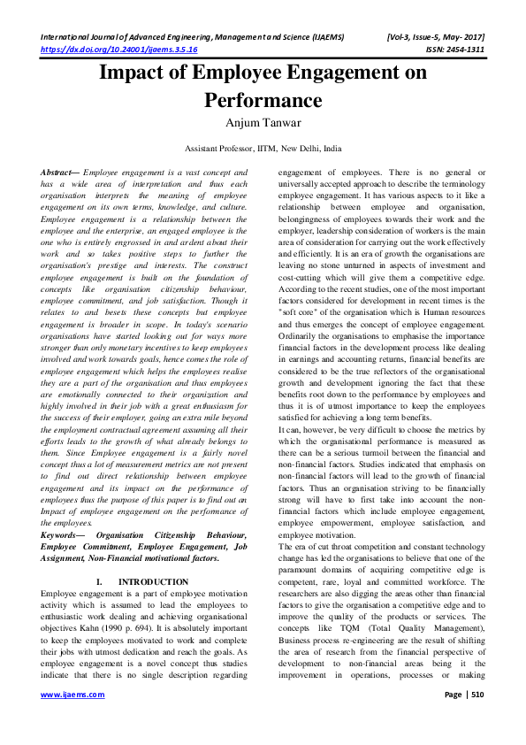 (PDF) Impact of Employee Engagement on Performance | Anjum Tanwar ...