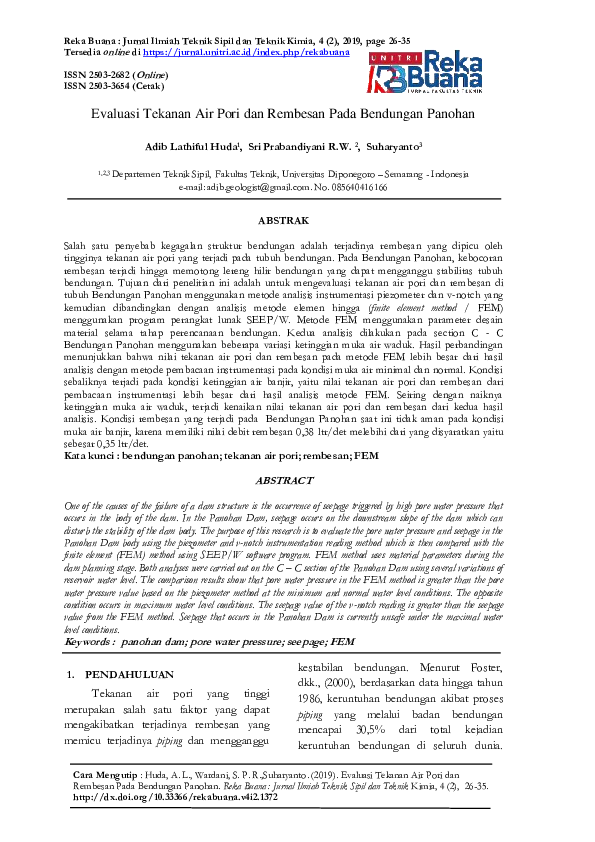 (PDF) Evaluasi Tekanan Air Pori dan Rembesan Pada Bendungan Panohan