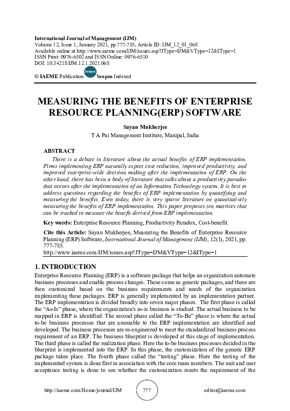 (PDF) MEASURING THE BENEFITS OF ENTERPRISE RESOURCE PLANNING(ERP) SOFTWARE