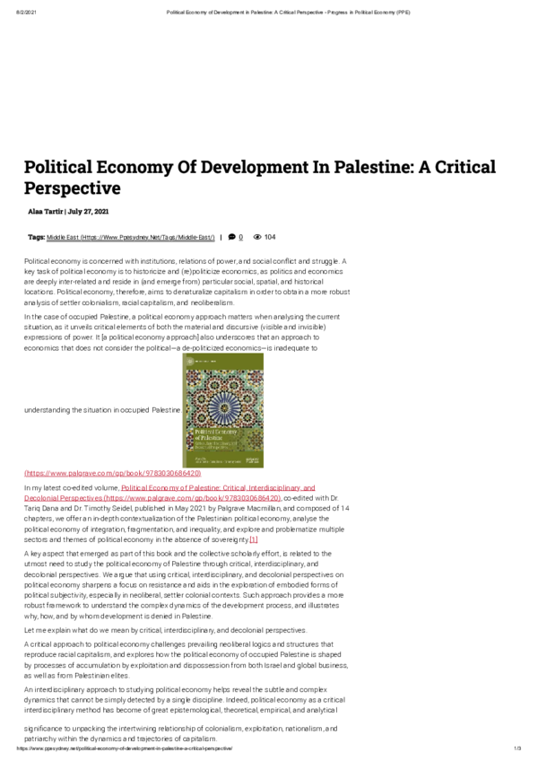 (PDF) Political Economy Of Development In Palestine: A Critical Perspective