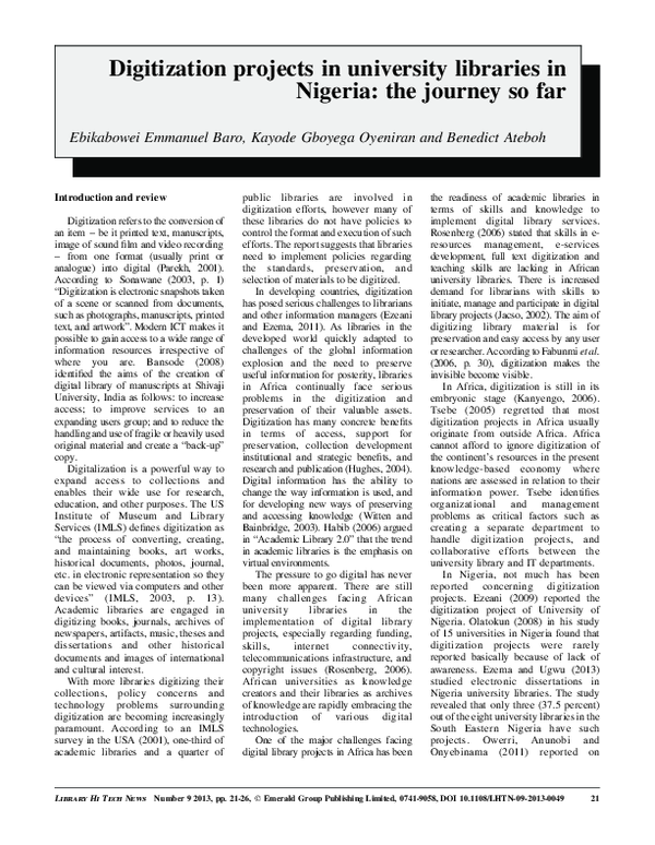 (PDF) Digitization projects in university libraries in Nigeria: the ...