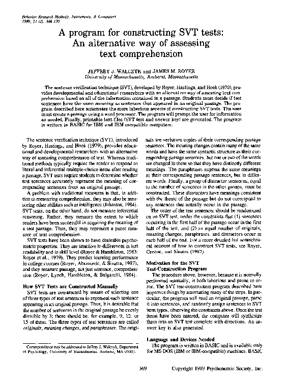 Pdf A Program For Constructing Svt Tests An Alternative Way Of Assessing Text Comprehension