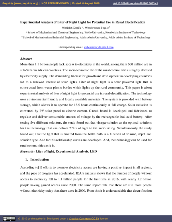 (PDF) Experimental Analysis of Liter of Night light for Potential Use ...
