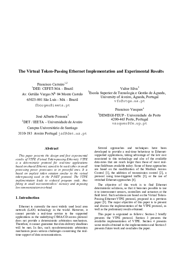 (PDF) The virtual token-passing Ethernet implementation and experimental results